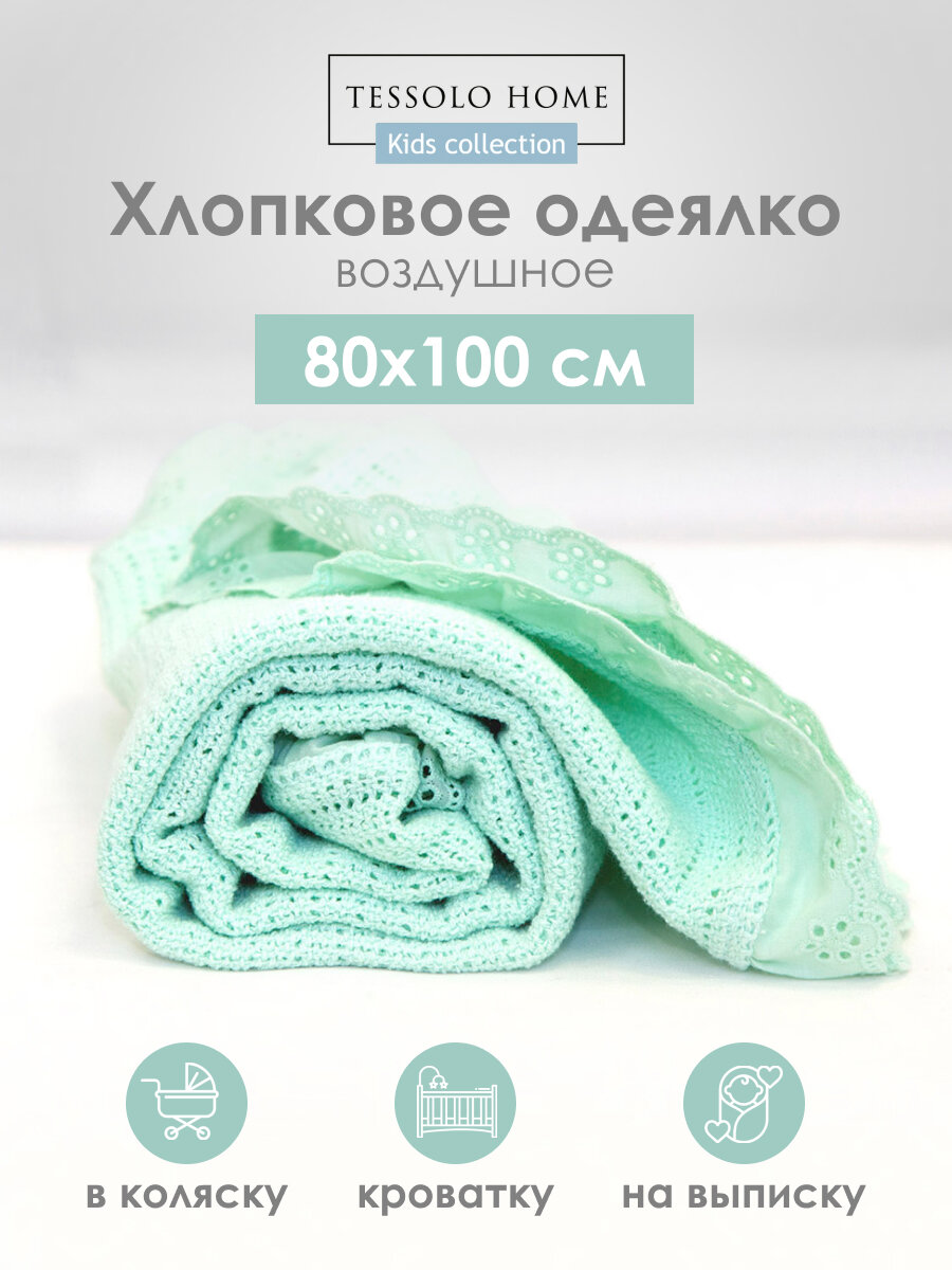 Плед для новорожденного 80х100, вязаный детский хлопок, Tessolo Home, мятный