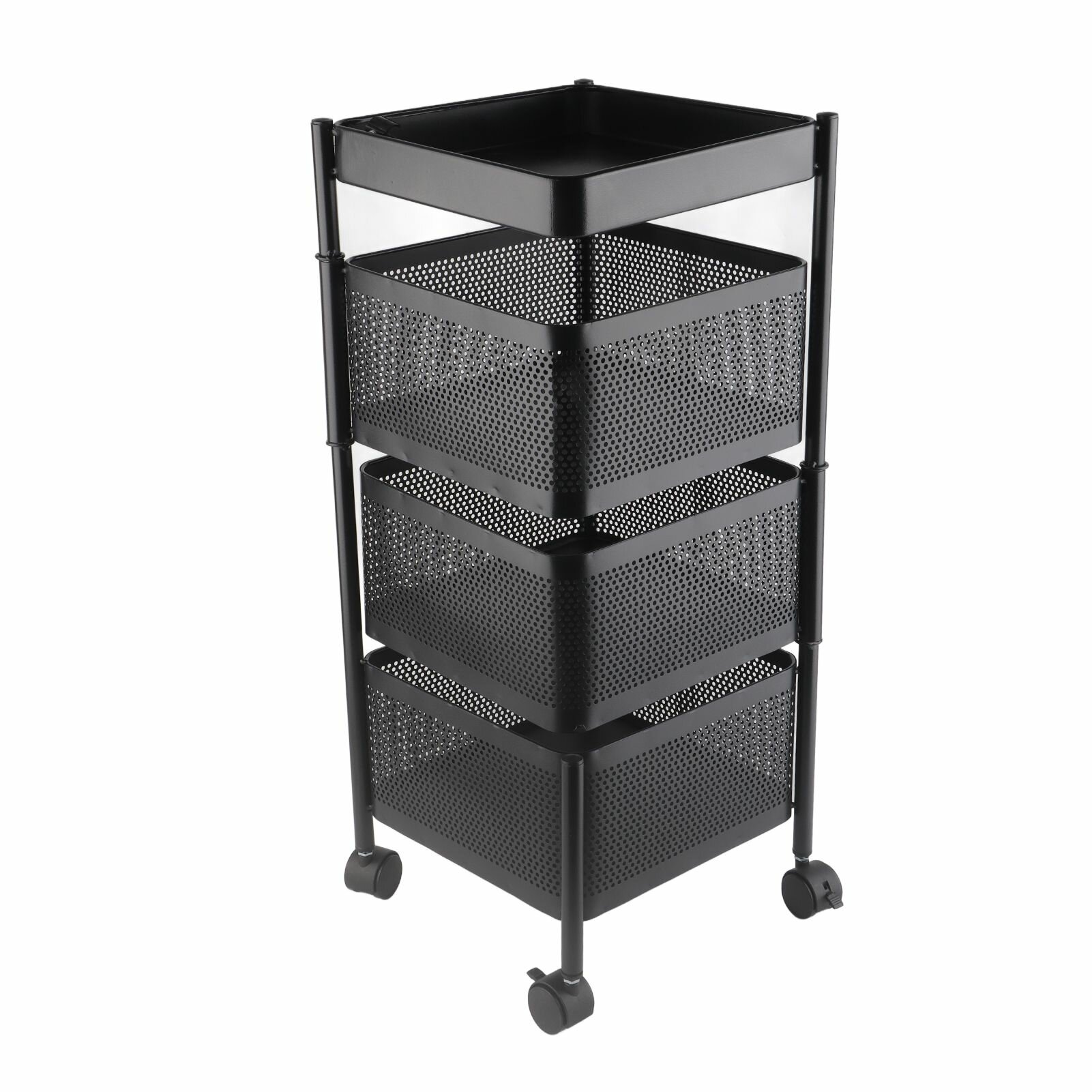 Вращающаяся стойка для хранения на кухне, стабильная металлическая вращающаяся корзина с колесами для фруктов, овощей, квадратная, черная, 3 слоя