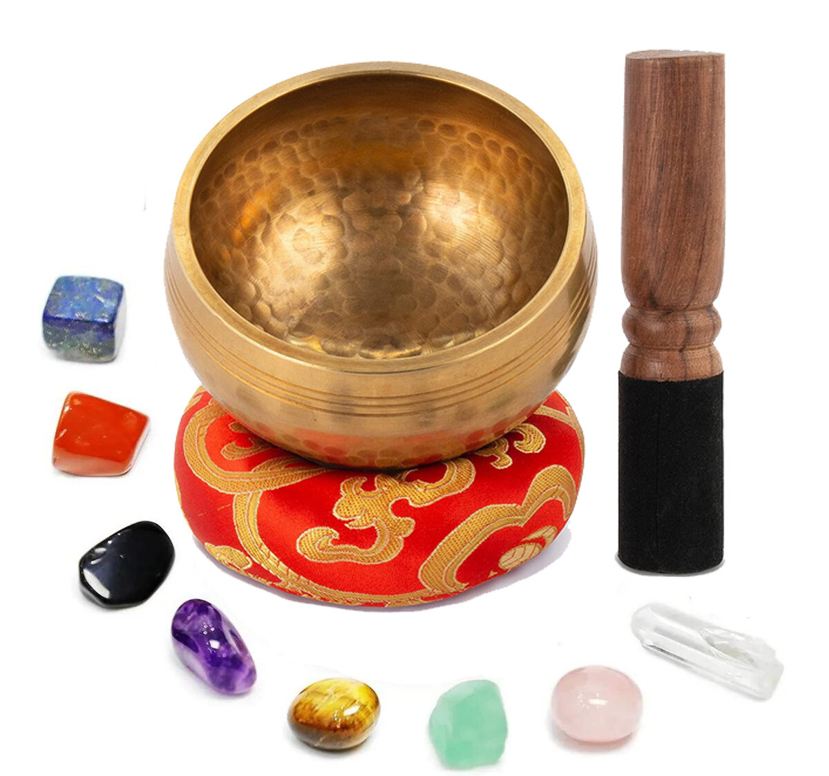 В набор поющих чаш 8 см входят чаша, палочки, шайбы, камень чакры.