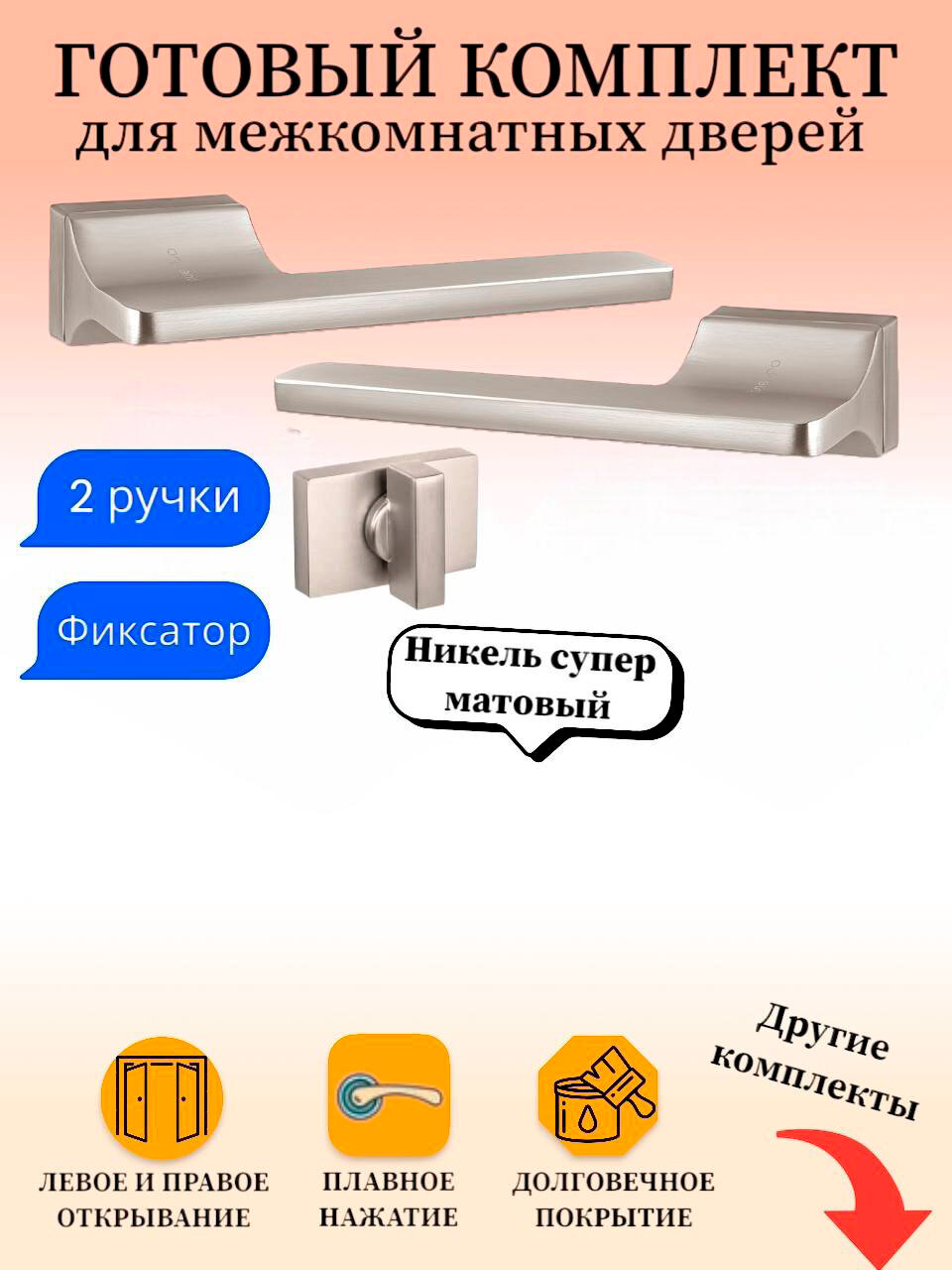 Ручка дверная межкомнатная PUERTO INAL_557-01_MSN_W, никель супер матовый (ручка + фиксатор)