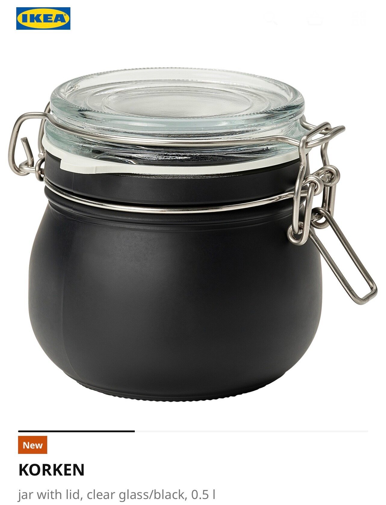 Банка с крышкой IKEA KORKEN , прозрачное стекло/черный, 0,5 л
