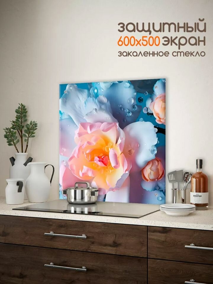 Защитный экран от брызг на плиту 600х500х4мм. Стеновая панель для кухни из закаленного стекла. Фартук для кухни на стену