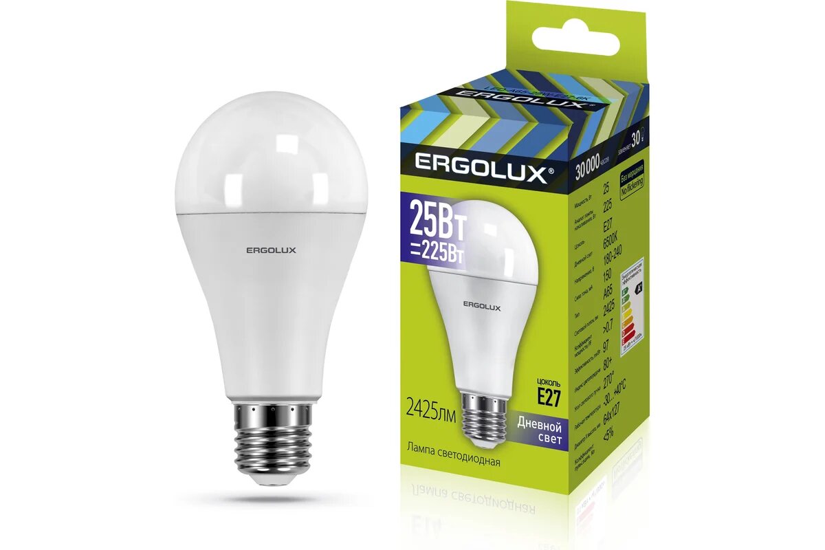 Ergolux LED-A65-25W-E27 6500K ЛОН, светодиодная лампа 25 Вт, цоколь E27, 180-240В