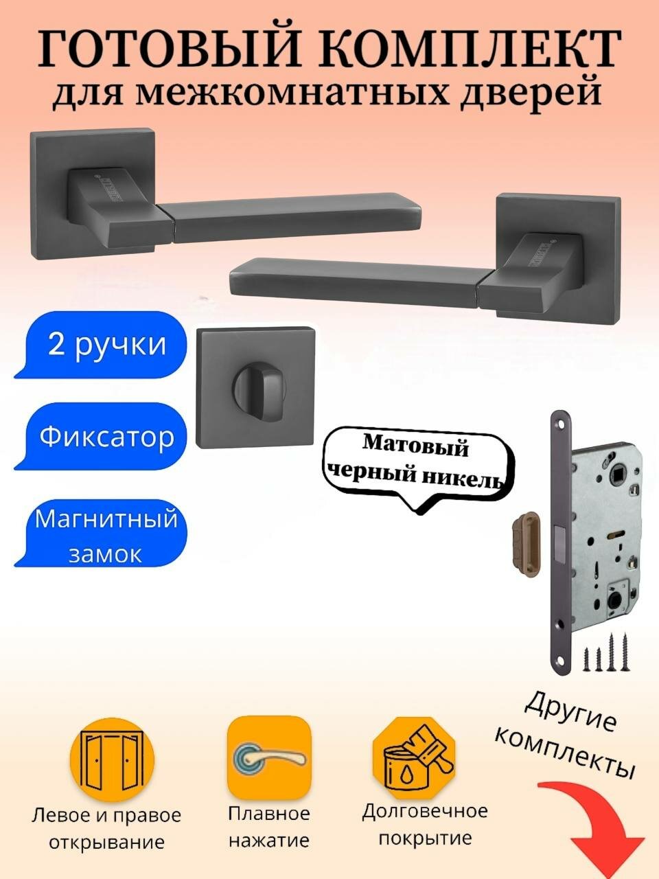 Ручка дверная межкомнатная Puerto INAL_524-03_MBN_UN, матовый черный никель (ручка + завертка WC + магнитный замок)