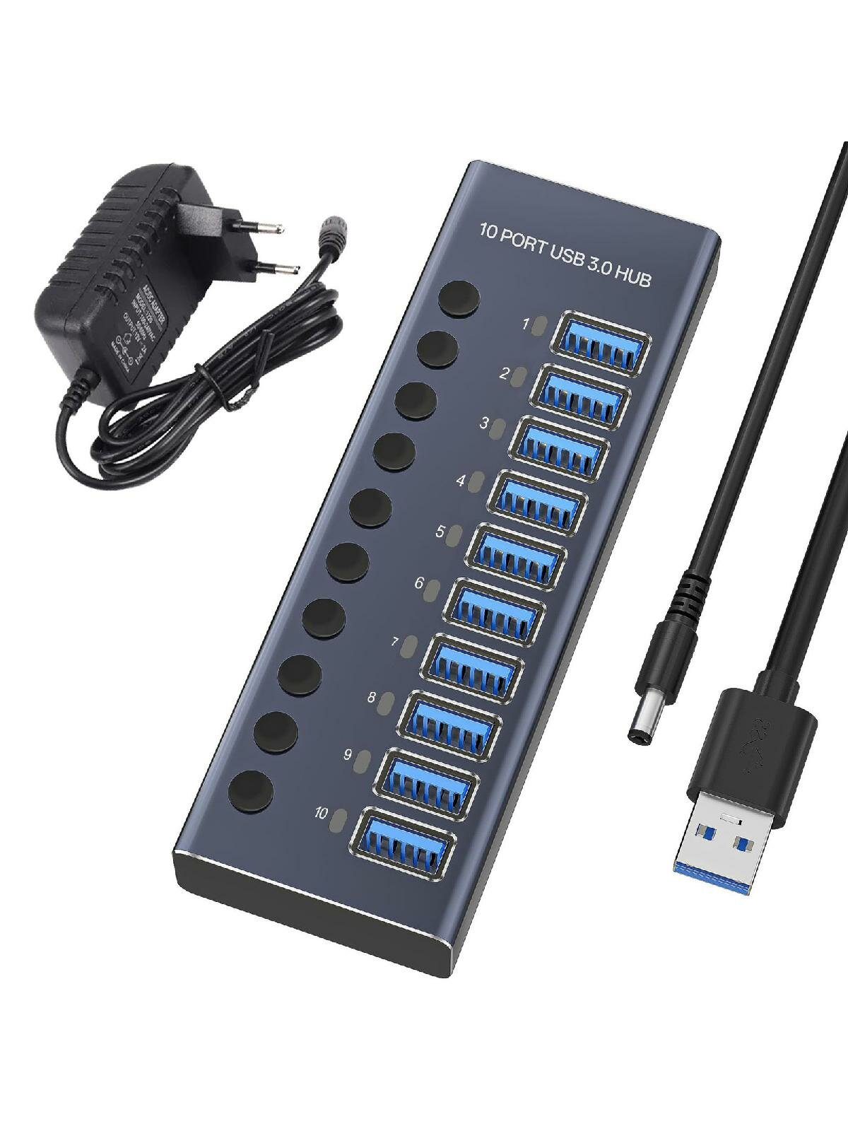 10 Port USB3.0 Hub USB Splitter Socket With Individual Switches and LED Indicators 5Gbps For Efficient Data Transfer