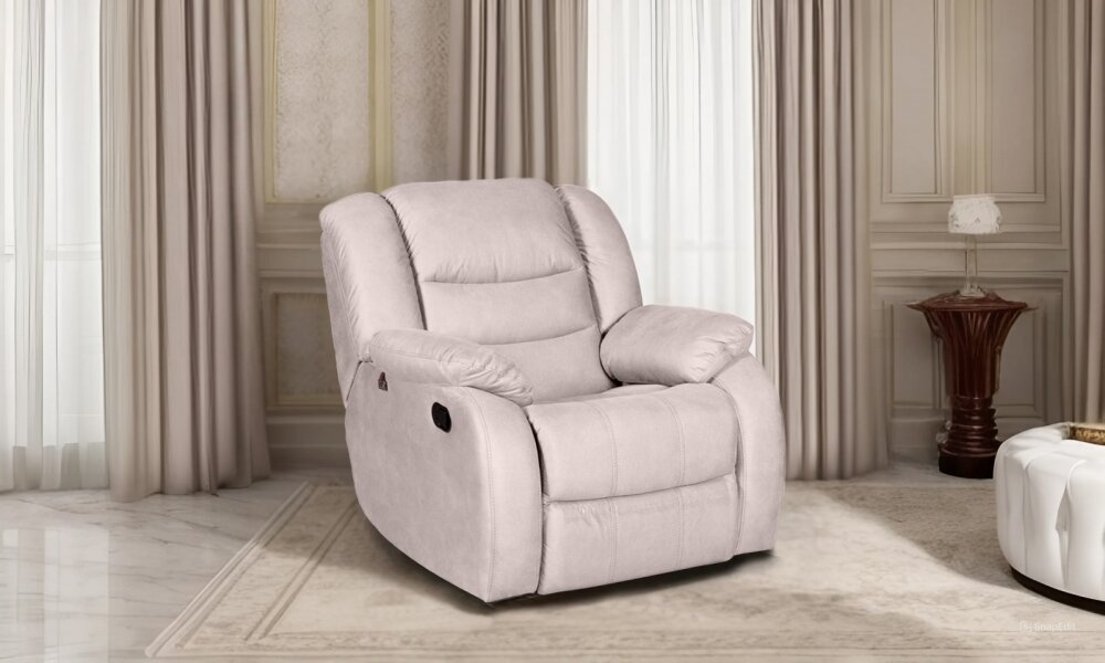 Кресло-реклайнер «RIDBERG» / «ридберг» (Ваш День), механический реклайнер, вращение на 360, качалка, бежевый велюр