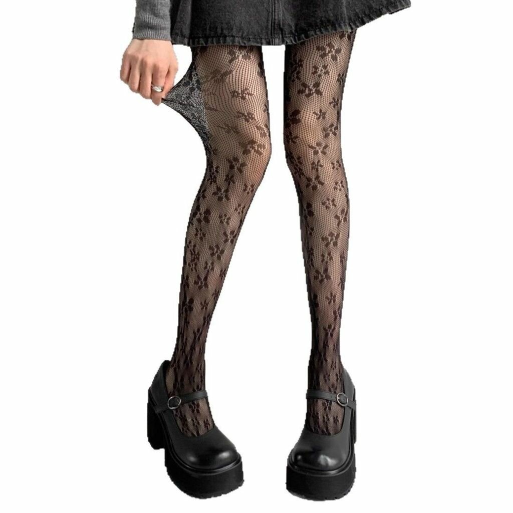 Кружевные сетчатые Полые колготки с лепестками, Чулки-Черный