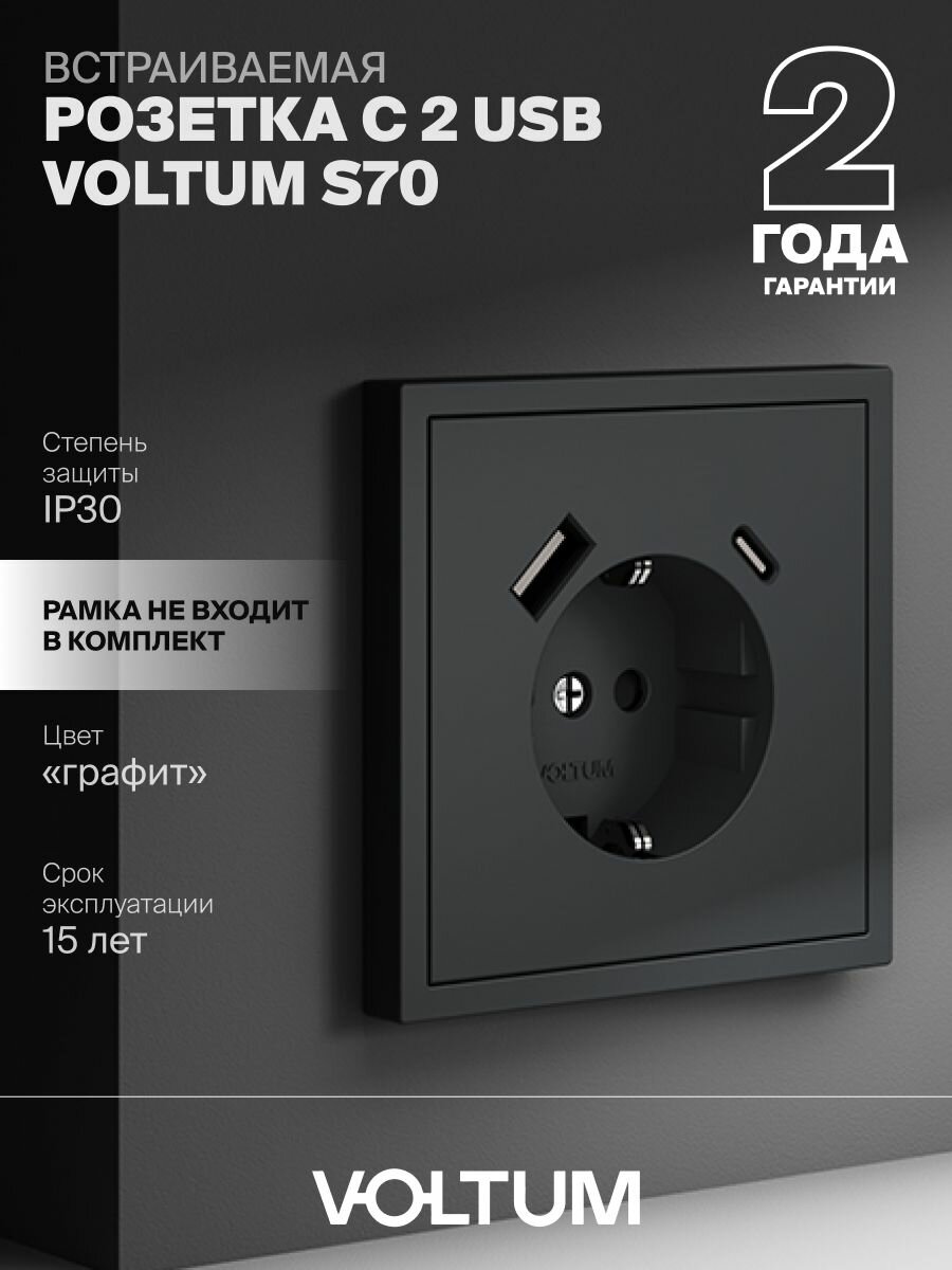 Розетка встраиваемая с заземлением и защитными шторками Voltum 16А с USB A+С цвет графит VLS040507