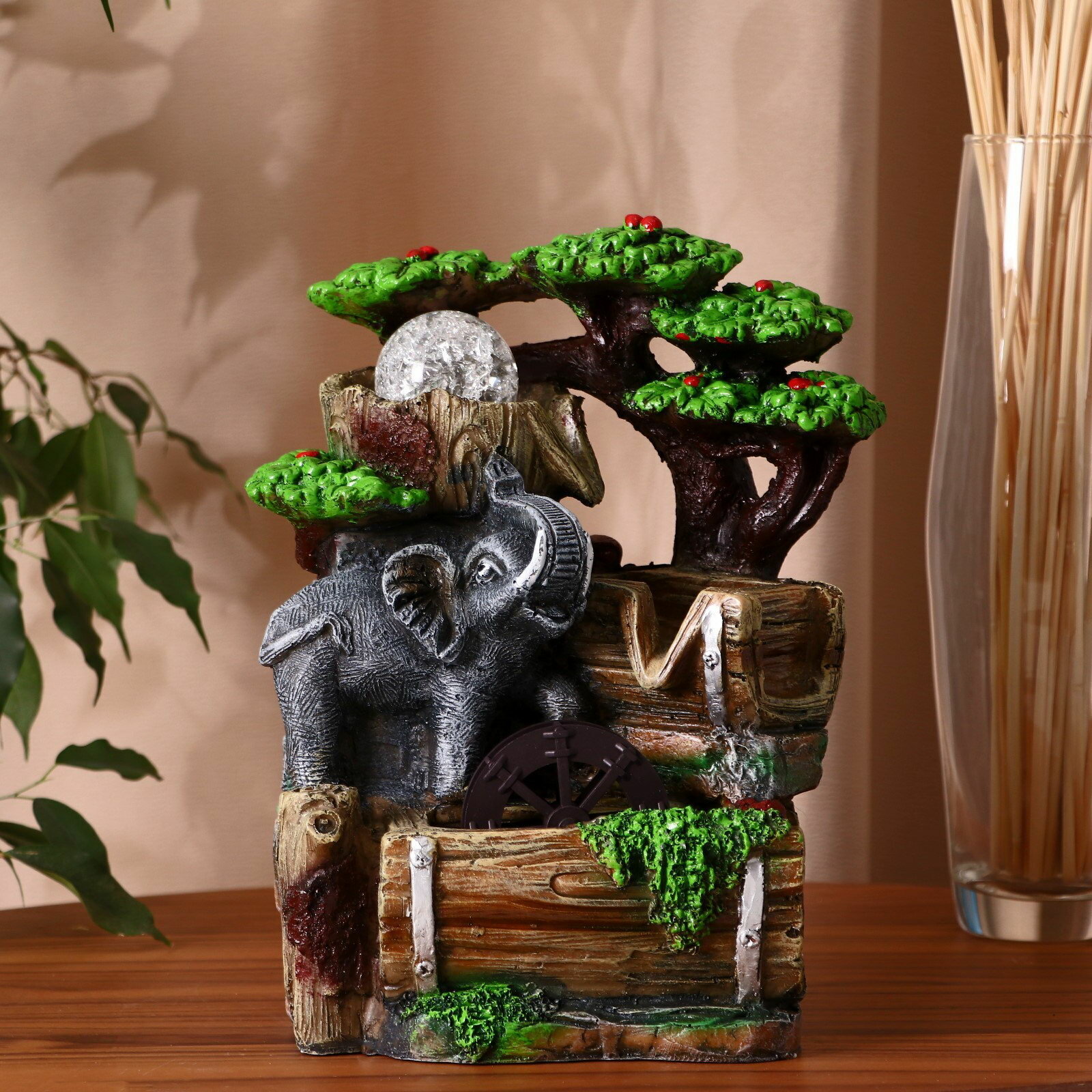 Фонтан настольный "Слоник у воды, на бочках", 12x16x26 см, с подсветкой