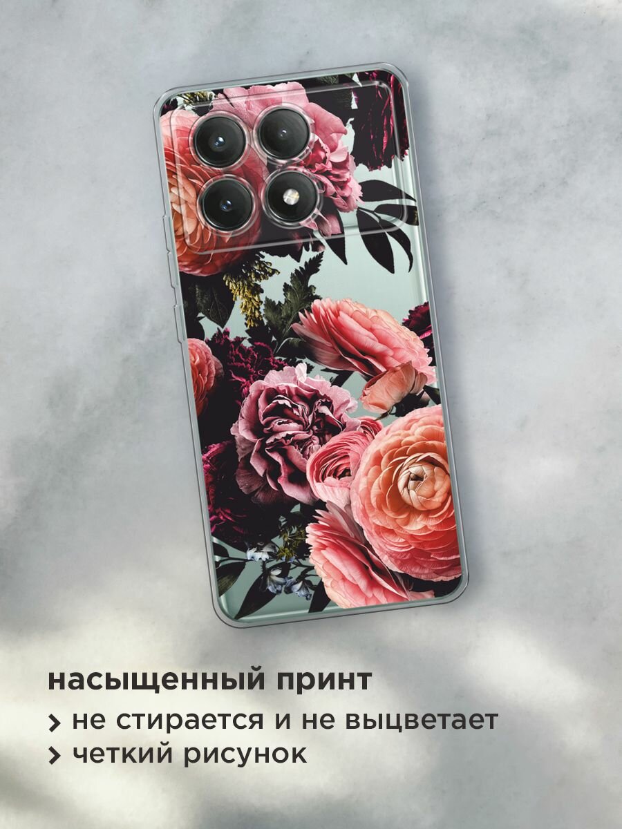 Чехол на Xiaomi Poco X6 PRO 5G / Поко X6 Про 5G с принтом "Бордовые винтажные цветы", прозрачный — фото 1