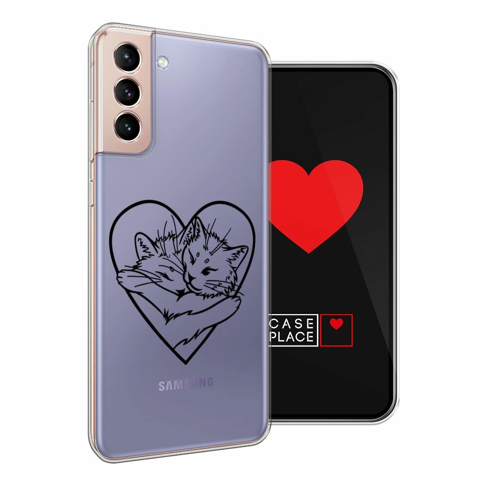 Чехол на Samsung Galaxy S21 + с принтом "Влюблённые котики рисунок 3 - 14 февраля", прозрачный — фото 1