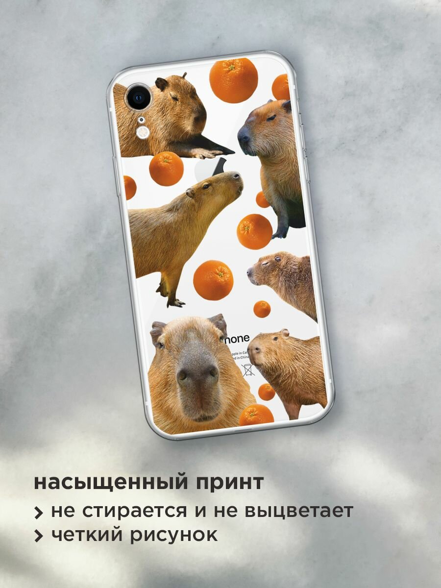 Чехол на Apple iPhone XR / Айфон XR с принтом Капибара и апельсины, прозрачный — фото 1