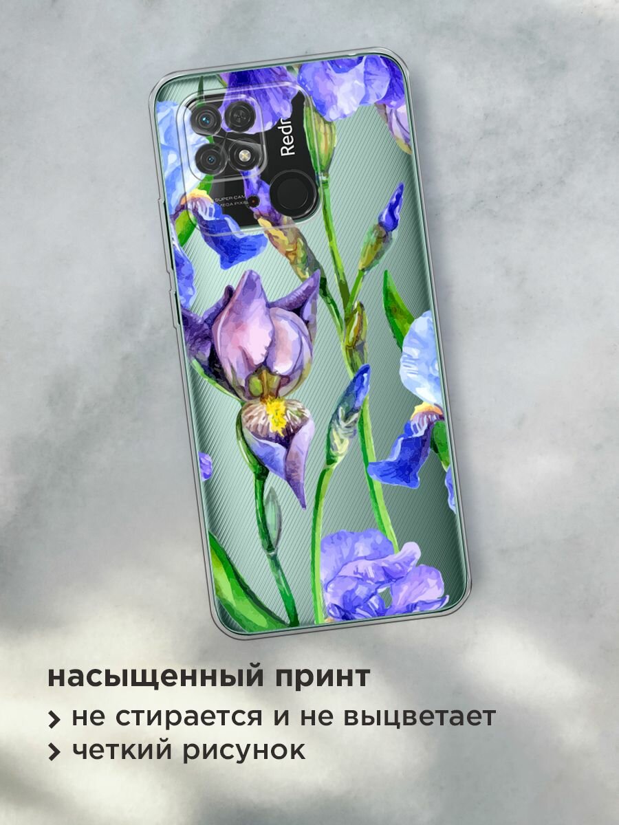 Чехол на Xiaomi Redmi 10C / Сяоми Редми 10C с принтом "Синие ирисы", прозрачный — фото 1