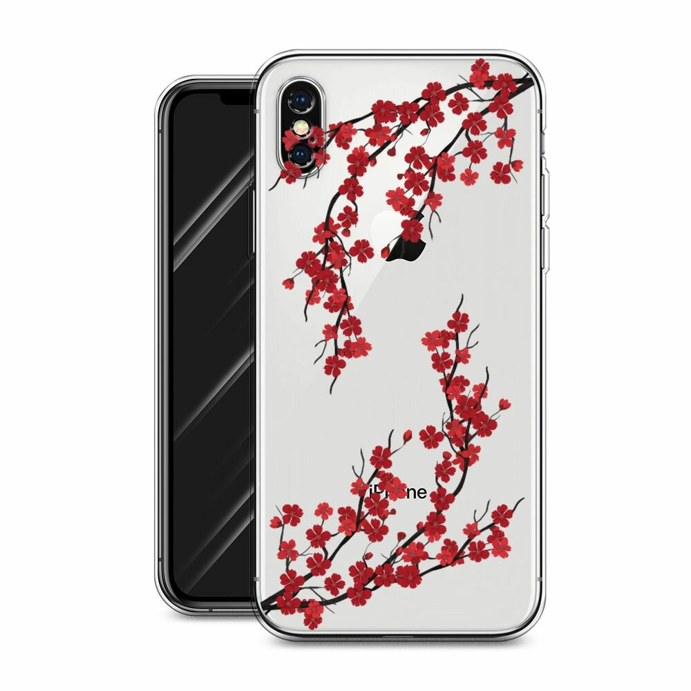 Чехол на Apple iPhone XS Max / Айфон XS Max с принтом "Красная сакура", прозрачный — фото 1