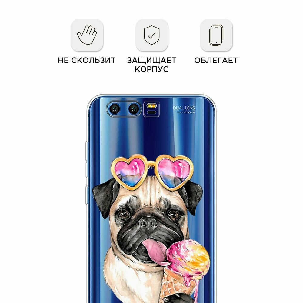 Чехол на Honor 9 / Хонор 9 с принтом Мопс с мороженкой, прозрачный — фото 1