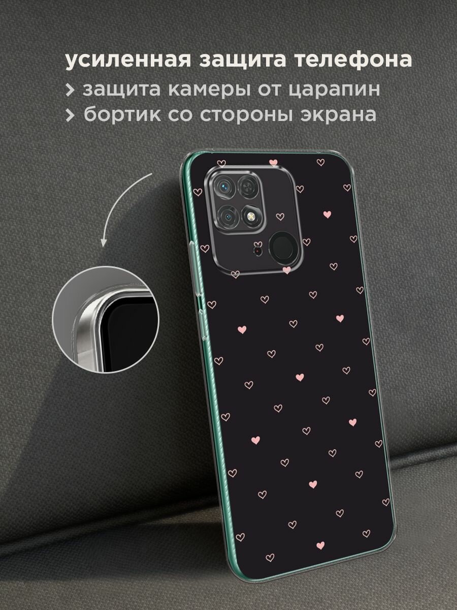 Чехол на Xiaomi Redmi 10C / Сяоми Редми 10C с принтом "Черный фон и сердечки" — фото 1