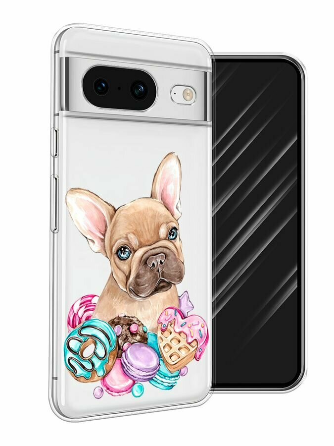 Чехол на Google Pixel 8 / Гугл Пиксель 8 с принтом "Бульдог и сладости", прозрачный