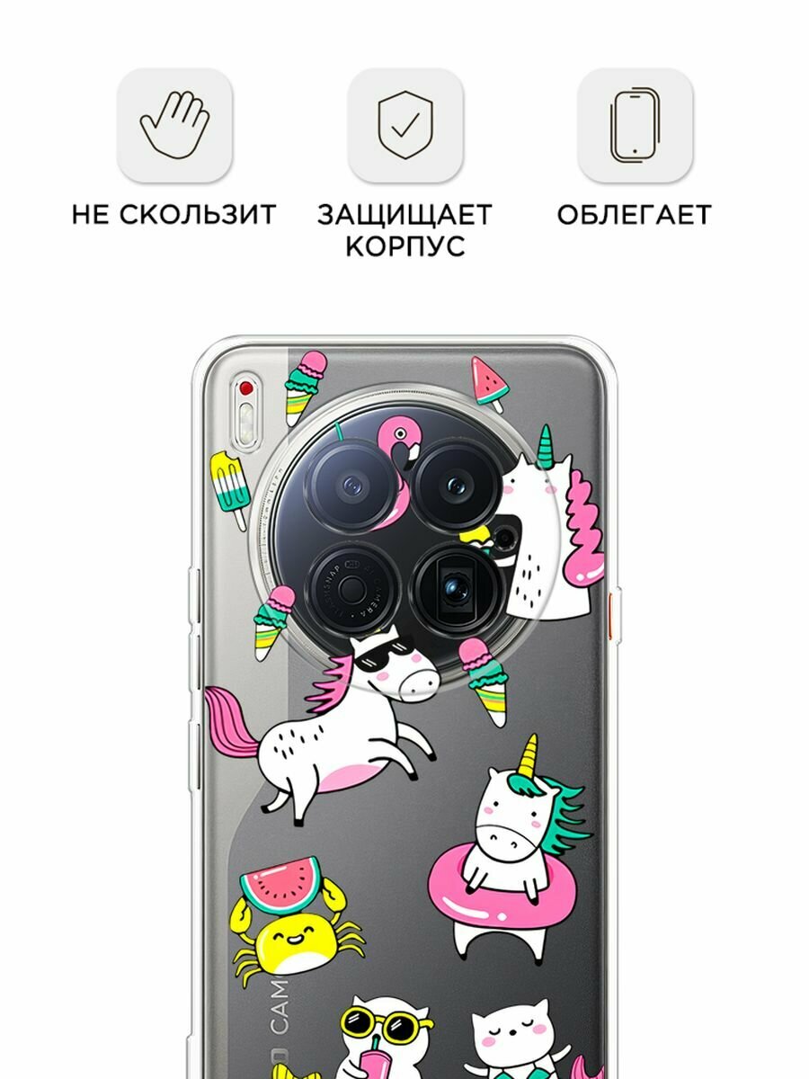 Чехол на Tecno Camon 40 Premier / Текно Камон 40 Премьер с принтом "Единороги в отпуске", прозрачный — фото 1