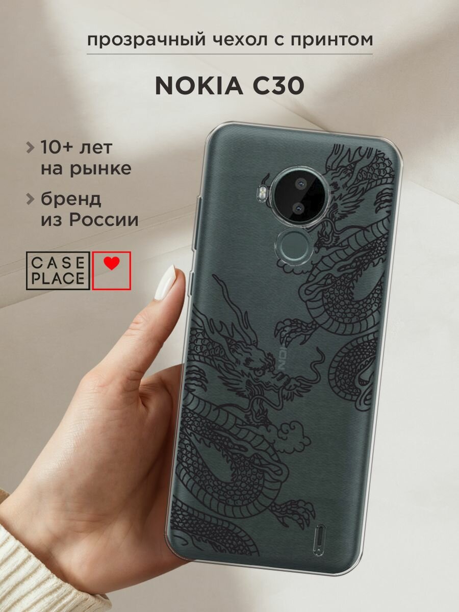 Чехол на Nokia C30 / Нокия C30 с принтом "Два китайских дракона", прозрачный
