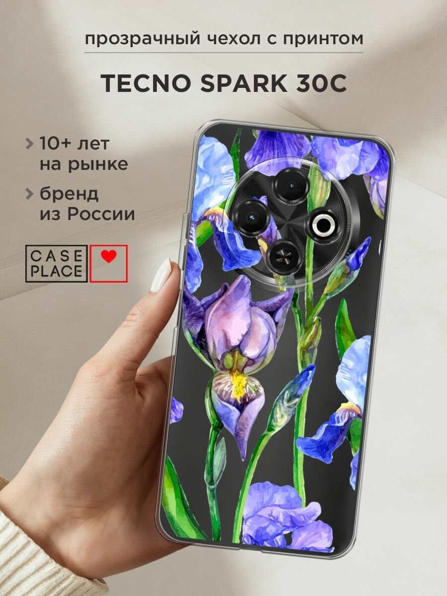 Чехол на Tecno Spark 30C / Текно Спарк 30C с принтом "Синие ирисы", прозрачный