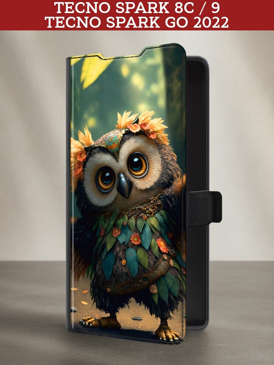 Чехол-книжка на Tecno Spark Go 2022/8С/9 / Текно Спарк Гоу 2022/8С/9 с рисунком "Тропическая сова"