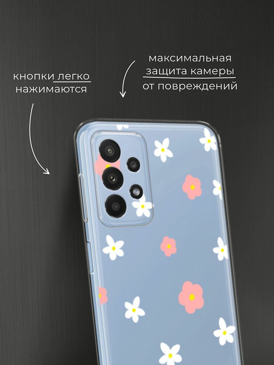 Чехол на Samsung Galaxy A23 / Самсунг Галакси А23 с принтом "Розовые и белые цветы", прозрачный — фото 1