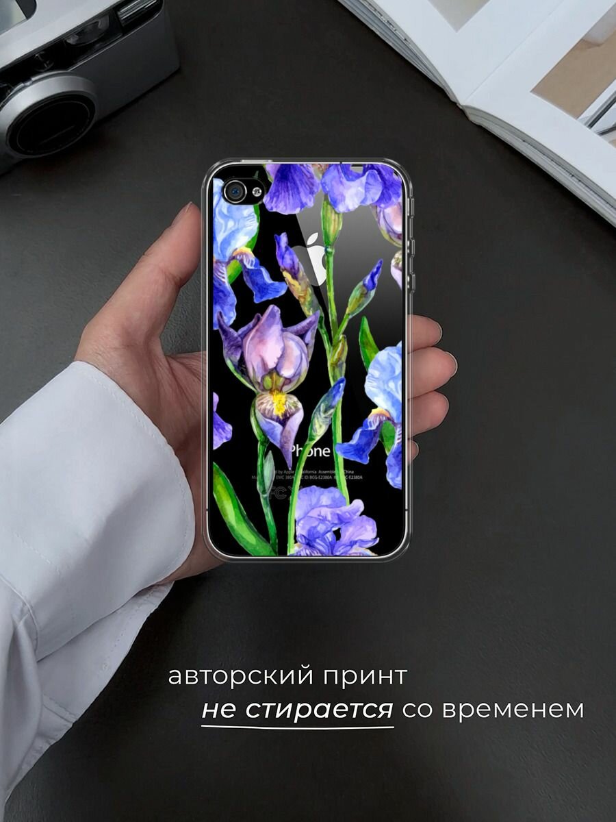 Чехол на Apple iPhone 4/4S / Айфон 4/4S с принтом "Синие ирисы", прозрачный — фото 1