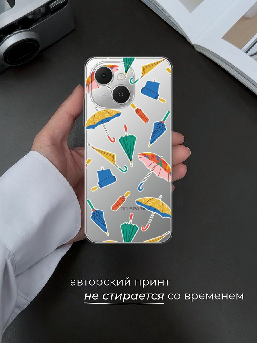 Чехол на Tecno Spark 40C / Текно Спарк 40C с принтом "Зонты паттерн", прозрачный — фото 1