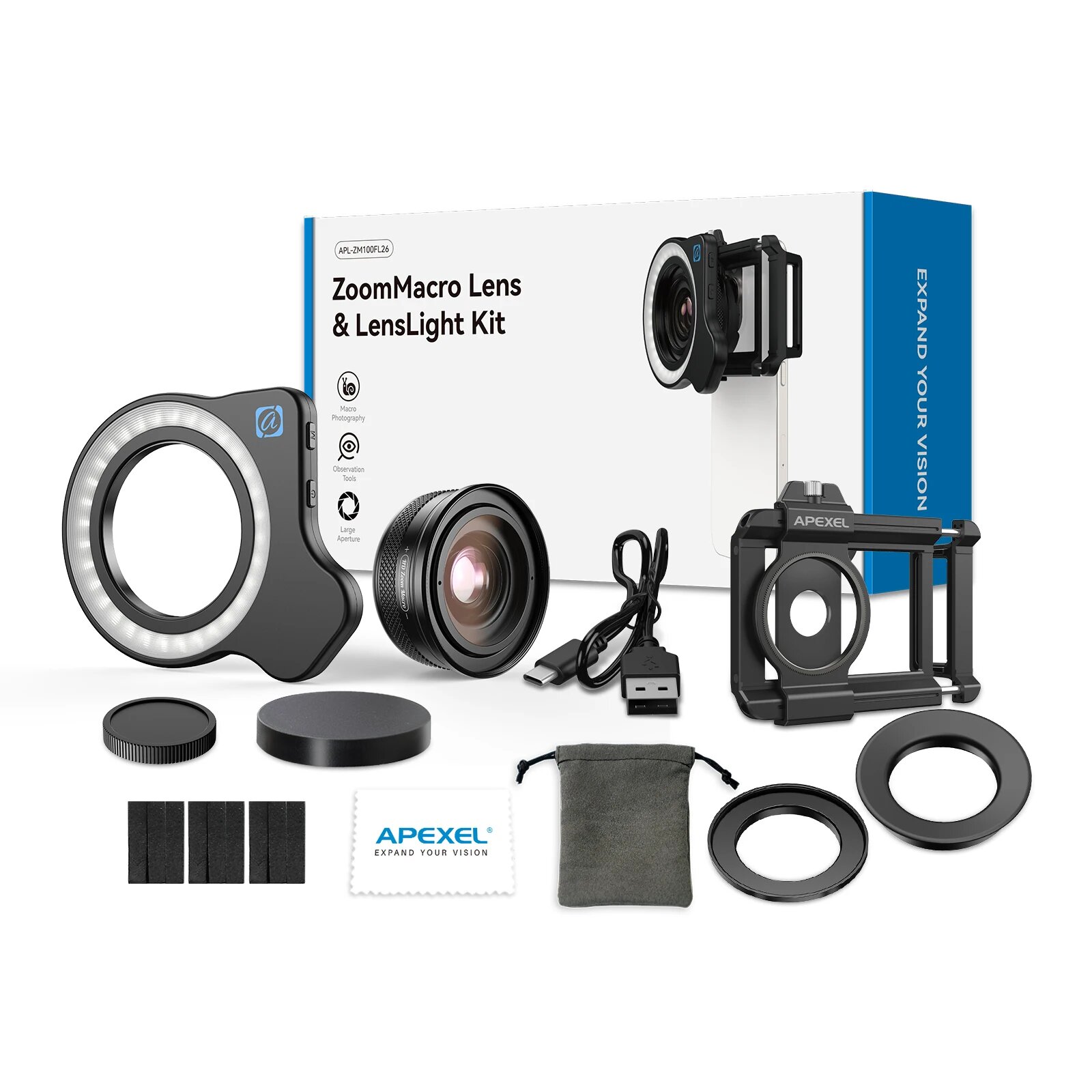 APEXEL Professional HD 10-20X Zoom макрообъектив с заполняющей подсветкой, портативный аксессуар для фотосъемки мобильных телефонов для большинства смартфонов, ZoomMacro