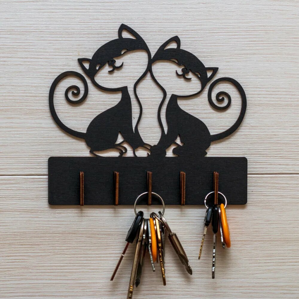 Ключница DOMNATURE "Котики", настенная, с крючками, дерево, цвет черный