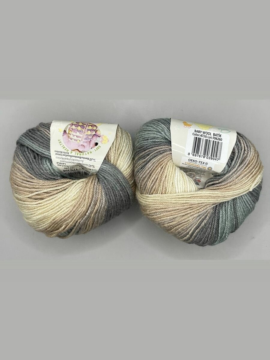 Два мотка пряжи Alize Baby Wool Batik(4726) ,50гр-175м, 40% шерсть, 20% бамбук, 40% акрил.