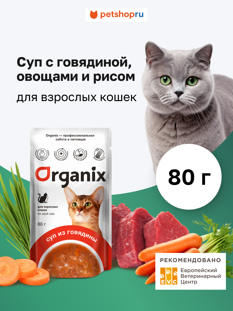 Organix Суп для кошек с говядиной, овощами и рисом. Влажный корм, 80 г