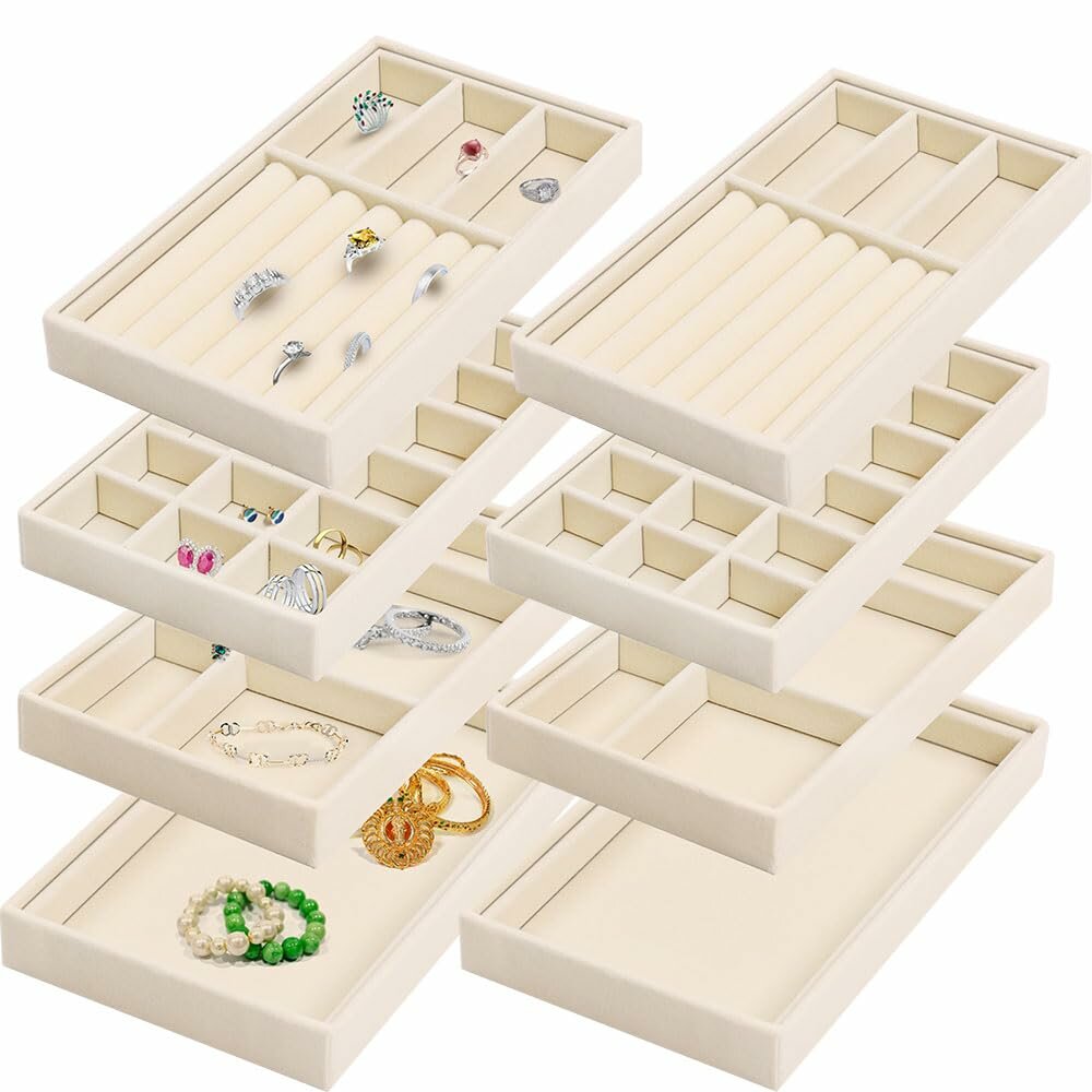 Набор подносок для хранения украшений из ламинированного фланеля, 8 штук (включая 2 пустые подноса, 2 круглые бумажные подноса для демонстрации, 2 подноса с 6 ячейками, 2 подноса с 18 ячейками), размер 27×11.5×22 см, цвет бежевый, вес 0.8 кг
