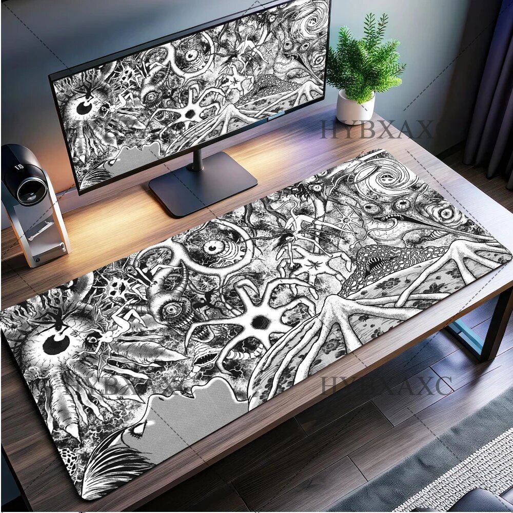 Черный и белый коврик для мыши, милый Настольный коврик HD, расширенные игровые коврики для клавиатуры, большой коврик для мыши XXL для геймеров Junji Ito, с коллажем, с ужасами, аниме