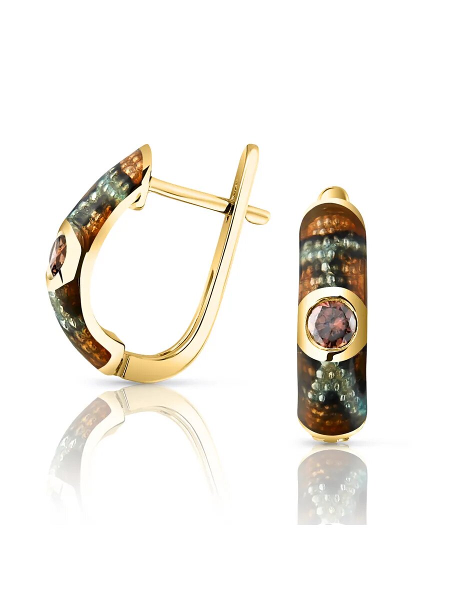 Серьги каффы, серебро, 925 проба, золочение, родирование, циркон, эмаль