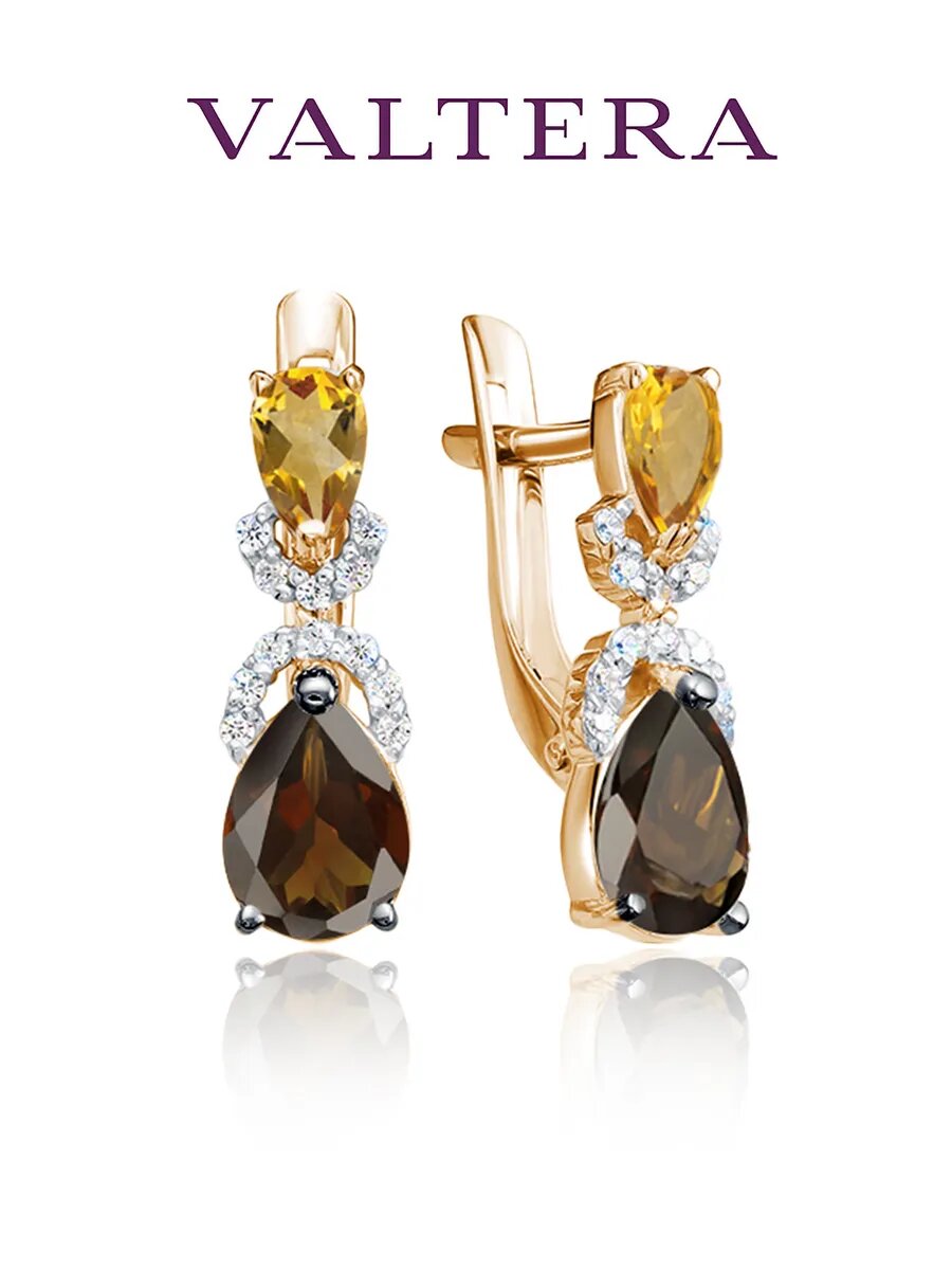 Серьги VALTERA, серебро, 925 проба, фианит, , золотистый, коричневый — фото 1