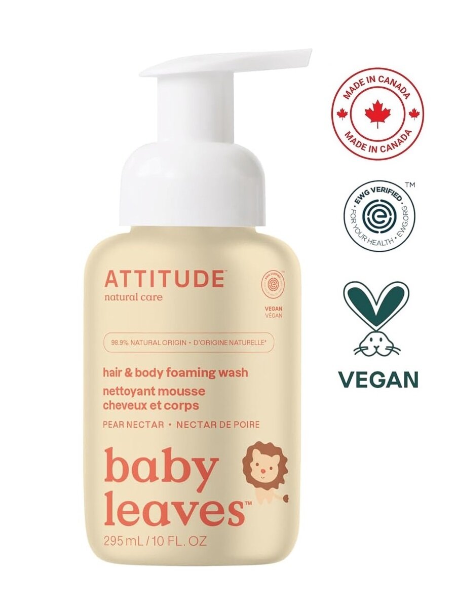 Детская пенка для мытья волос и тела ATTITUDE 2 в 1 Грушевый нектар Гипоаллергенная 295 мл Канада