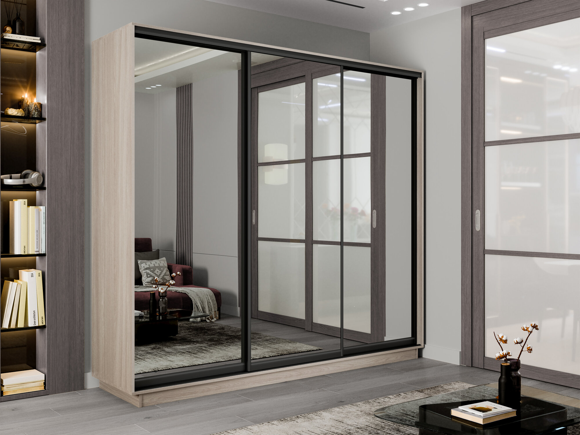 Шкаф купе Вилли 3-х дверный ЛДСП, зеркальные двери, профиль черный 180 см х 220 см х 60 см (Ясень шимо-светлый)