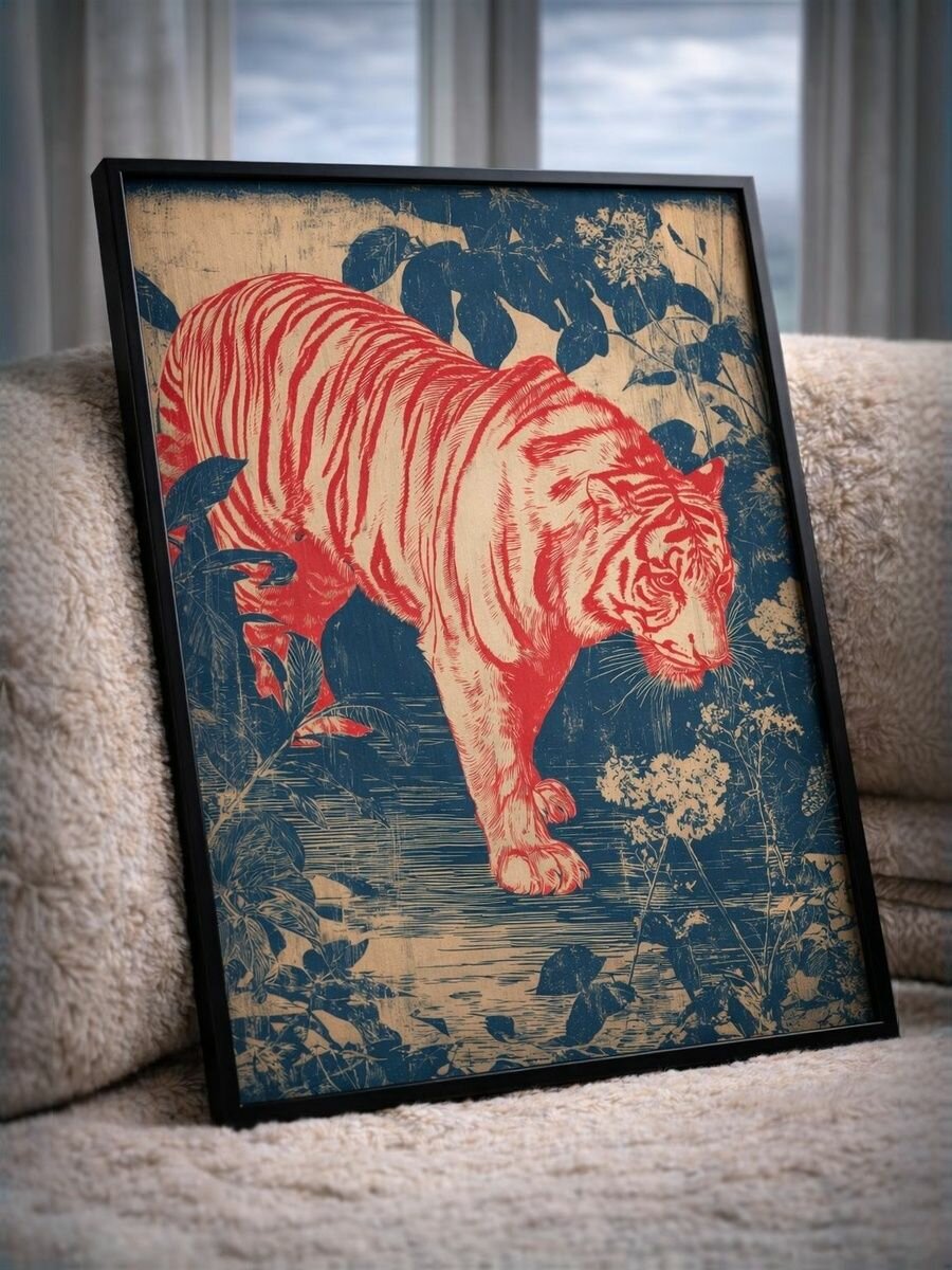 Постер гравюра тигр / Плакат мифология азиатская интерьерная печать