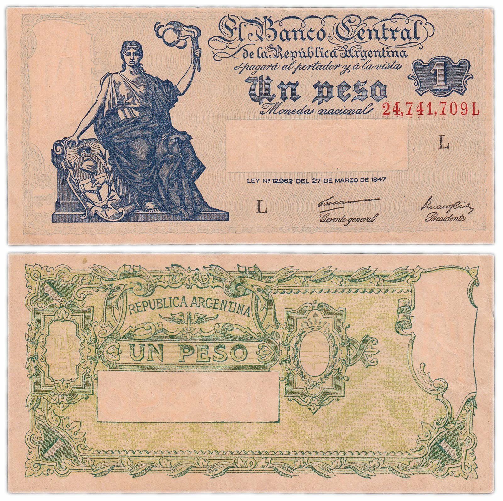 Аргентина 1 песо 1948-1951 серия L Pick 2571