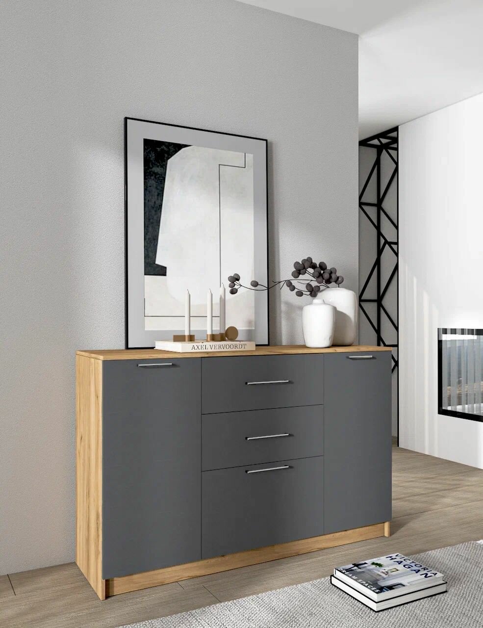 Комод Иннэс-7 (1400х910х430) Дуб крафт золотой/Графит, модульный, с ящиками