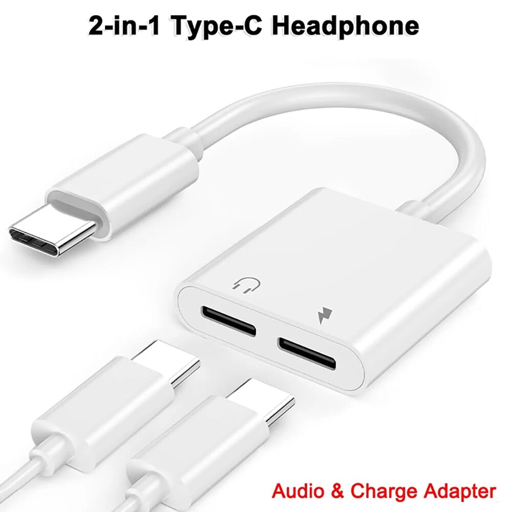 Аудиоадаптер 2-в-1 USB C на разъем 5 мм Type-C для зарядки 3,5 мм Aux-кабель для Samsung Xiaomi Huawei Разъем для проводных наушников Dual Type C