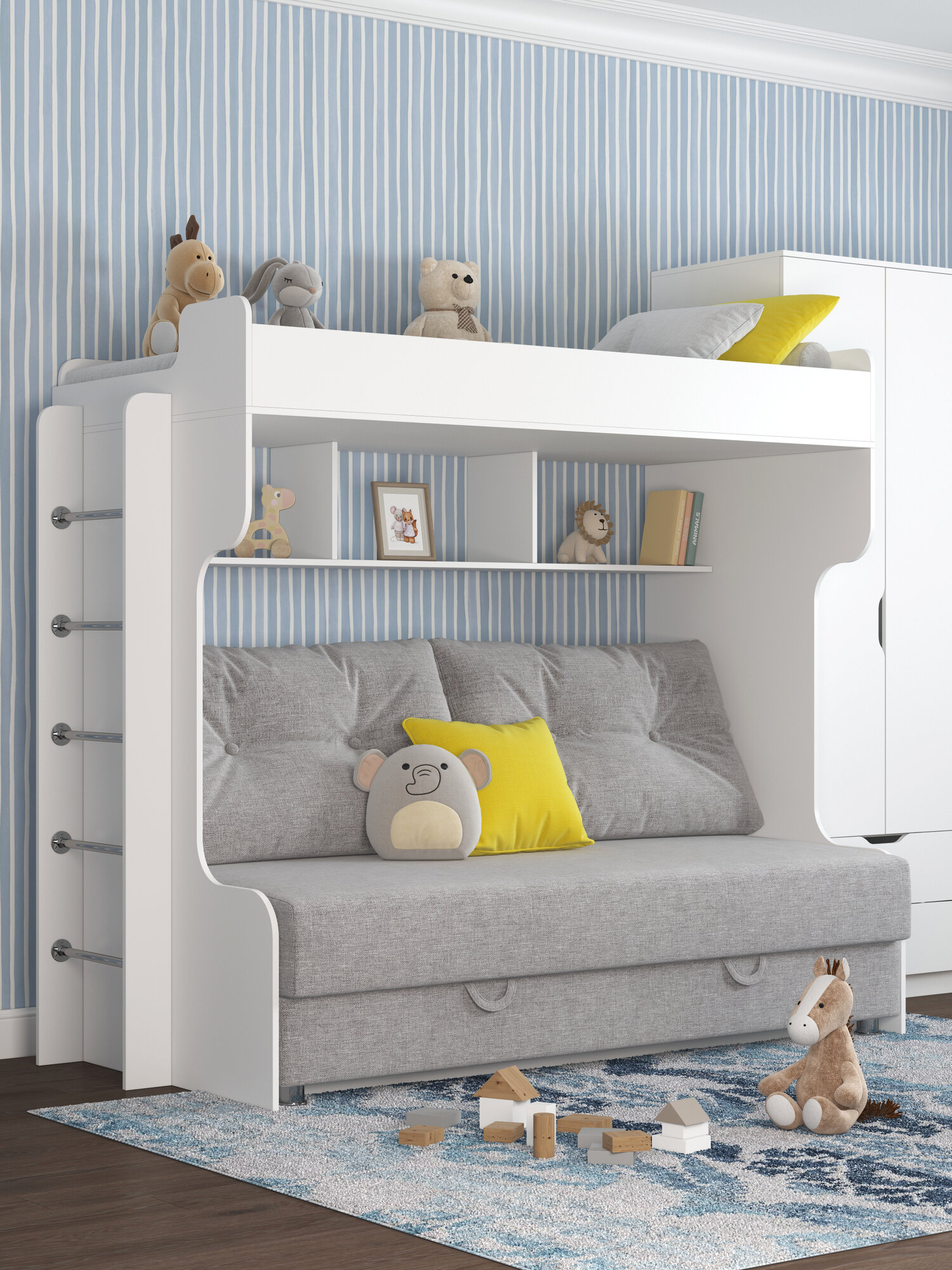 Есэндвич Альпика Кровать двухъярусная с диваном (Белый/Savana Plus Ash) 205х104х195 см