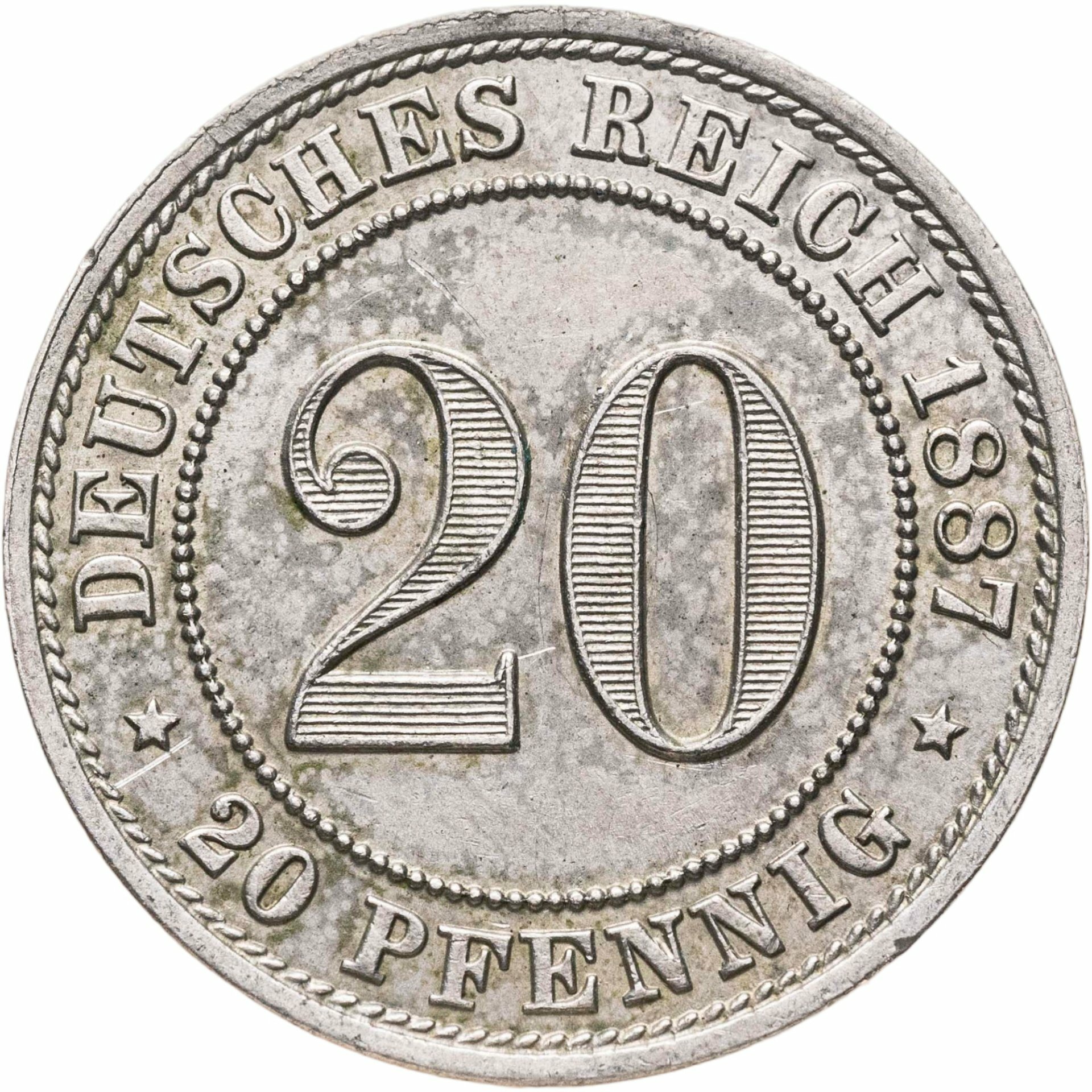 Германия 20 пфеннигов pfennig 1887 Знак монетного двора: "A" - Берлин, Мельхиор медь-никель, в сохранности AU-UNC