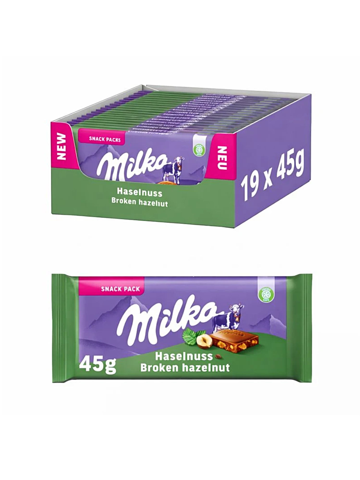 Шоколадная плитка Milka Broken Hazelnut с кусочками фундука, 45г x 19 шт / блок (Германия)