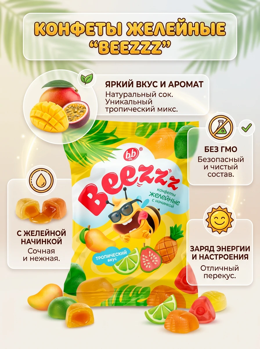 Желейные конфеты "Beezzz" b&b, с начинкой тропический вкус, 500 гр