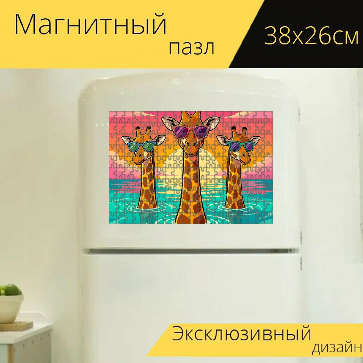 Магнитный пазл "Жирафы в солнечных очках. Три длинношеих африканских животных в разноцветных солнцезащитных очках стоят в бирюзовой воде на фоне." для интерьера, 38х26 см.