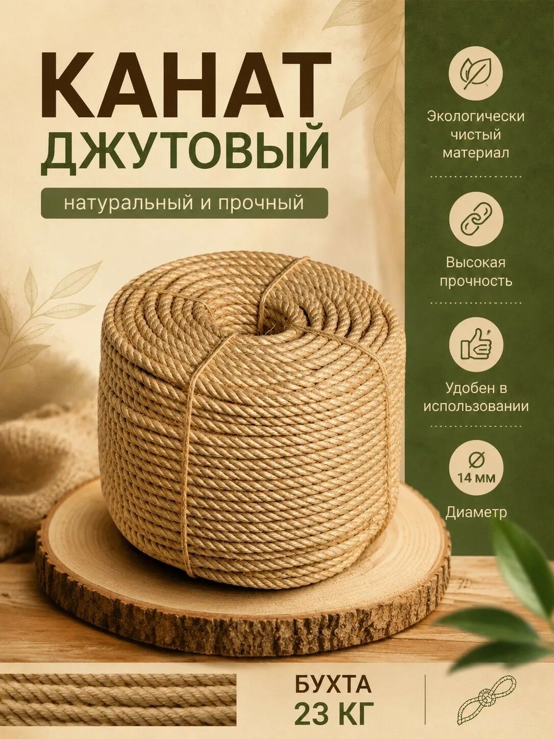 Канат джутовый 14 мм (Бангладеш) бобина (23кг) (200 метров) бежевый