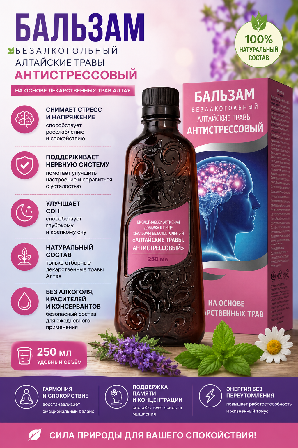 Бальзам Алтайские травы безалкогольный при антистрессовый 250 мл