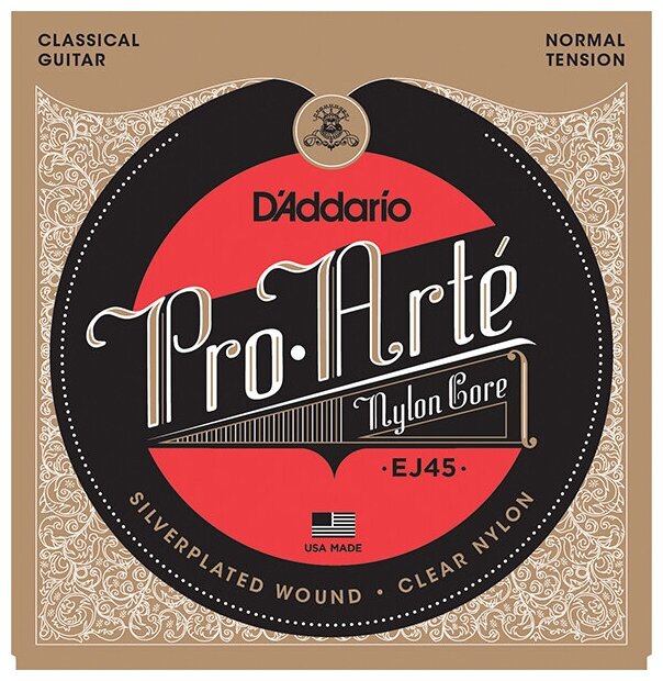 Струны для классической гитары D'Addario Pro Arte EJ45, чистый нейлон и серебряная оплетка, нормальное натяжение